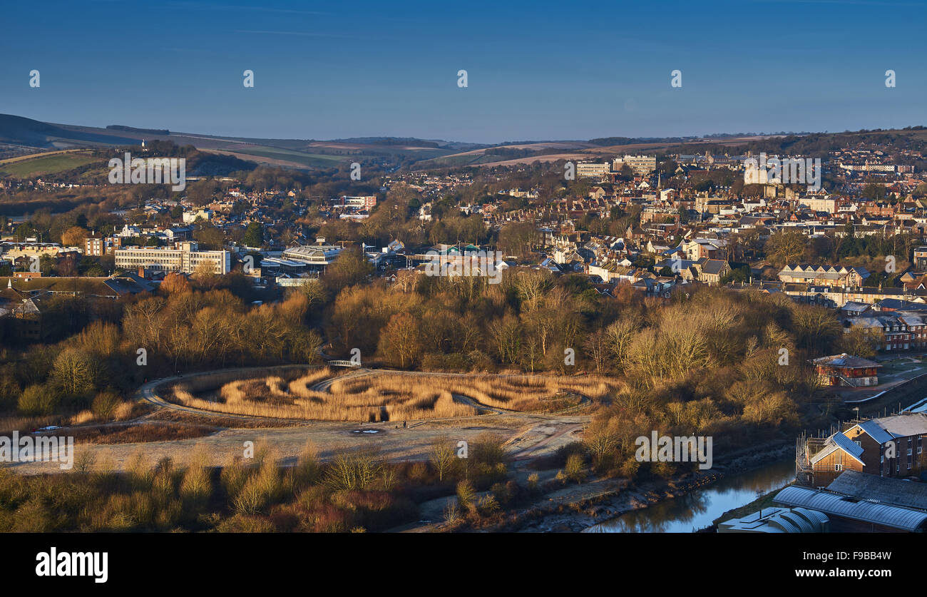 Sunny landscape view of Lewes, Sussex in winter with Lewes Railwayland ...