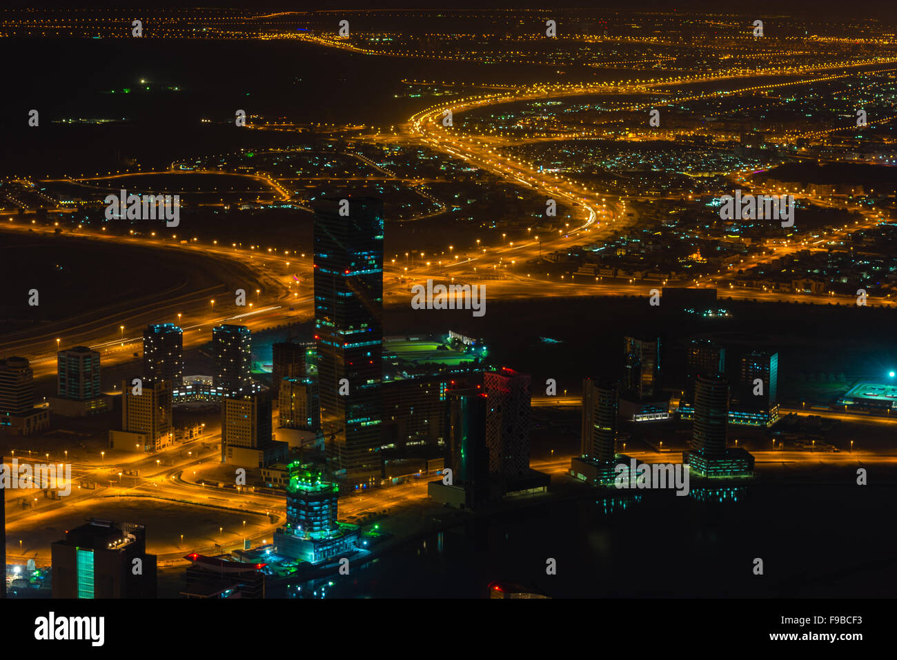Dubai downtown night scene with city lights. Top view from above Stock ...