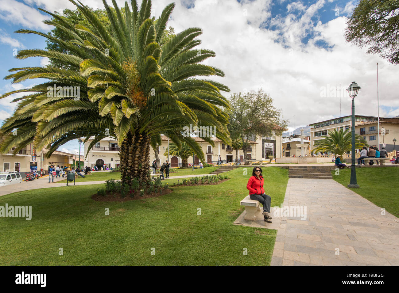 Tourist in the main square of town of Cajabamba in Cajamarca region of ...