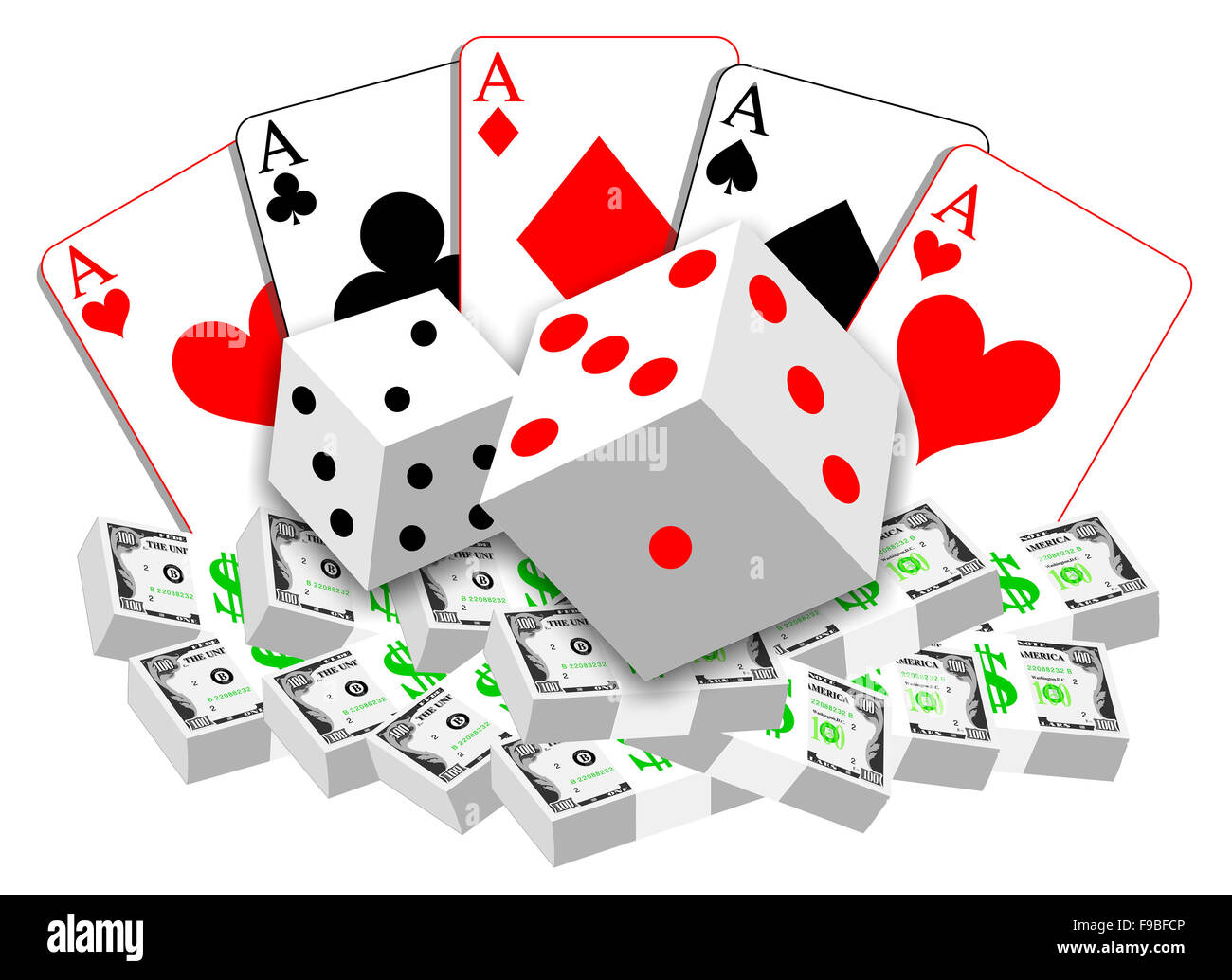 Simple gambling illustration of playing cards, dices and money on white ...