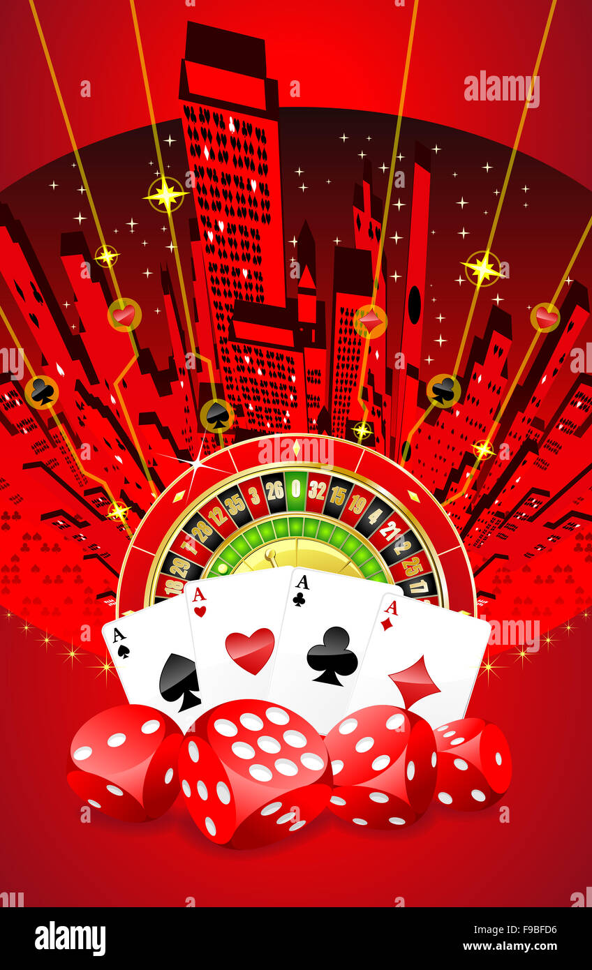 Abstract gambling background with roulette, playing cards and dices ...