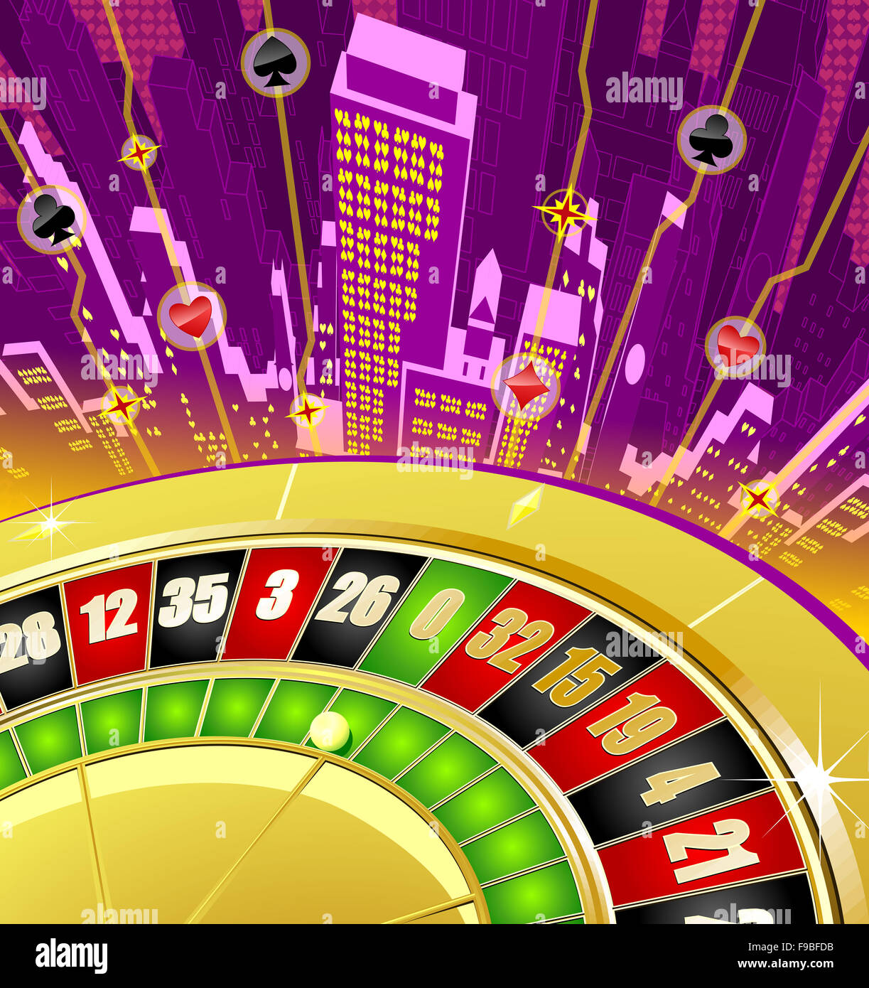 Abstract gambling background with roulette wheel and fantastic city ...