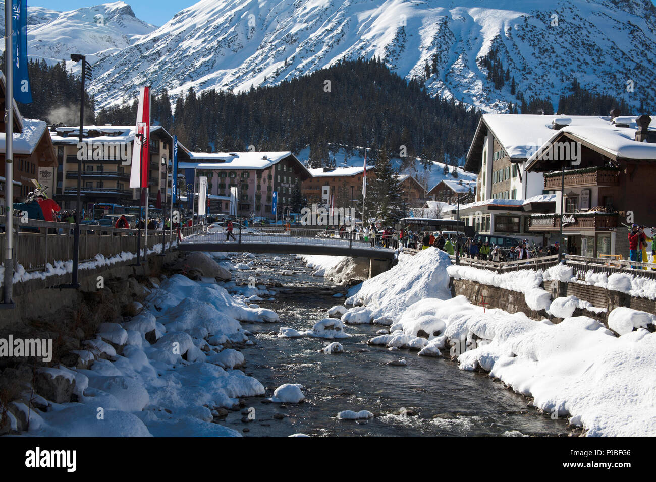 The River Lech flowing through Lech with The Omeshorn in the background ...
