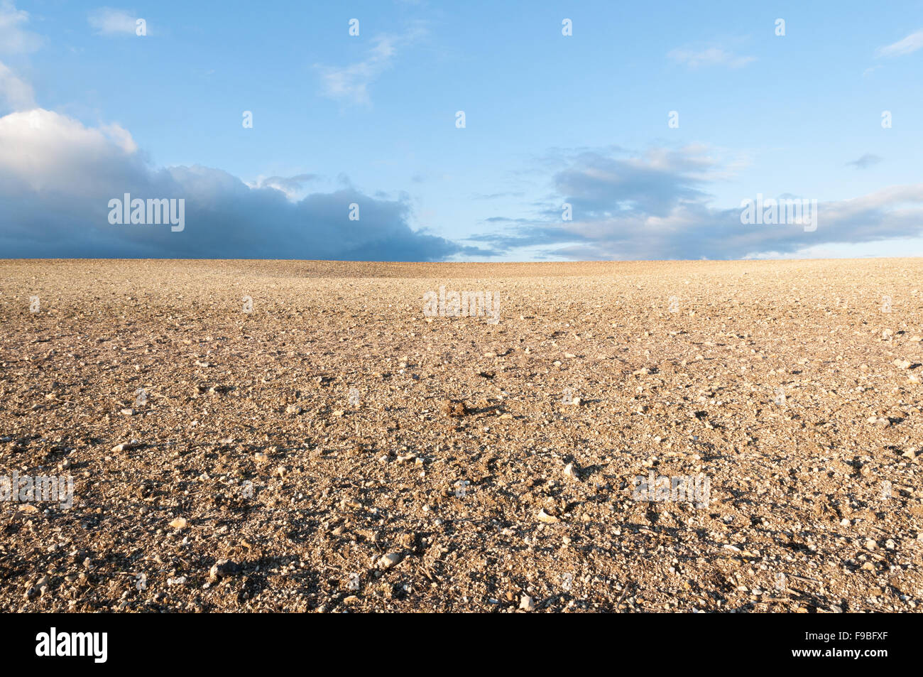 Light brown bare earth of tilled field beneath a partly clouded late ...