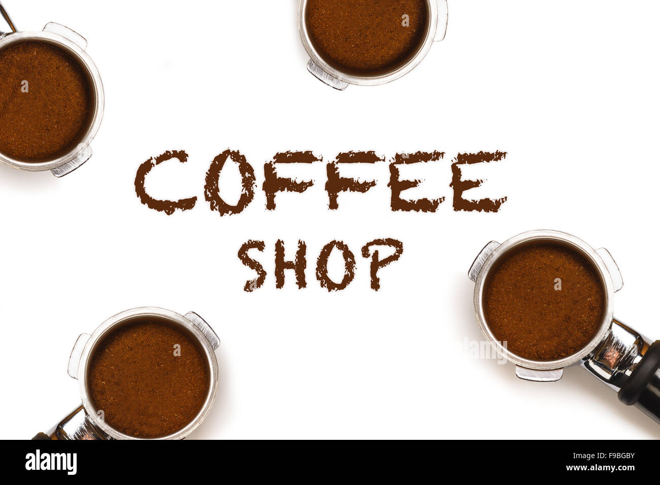 Four espresso coffee machine pistons with text Coffee Shop. With ground ...