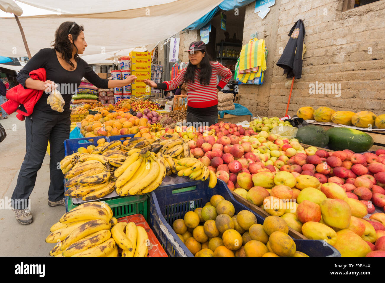 Tourist buying bananas at Peruvian fruit market stall in Cajabamba ...