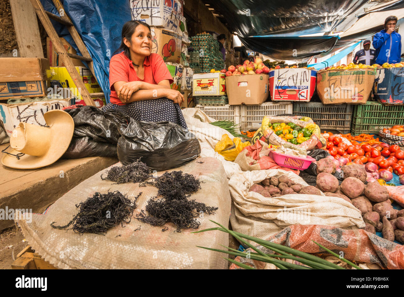 Peruvian woman selling fruit, vegetables and mococho (foreground - a ...