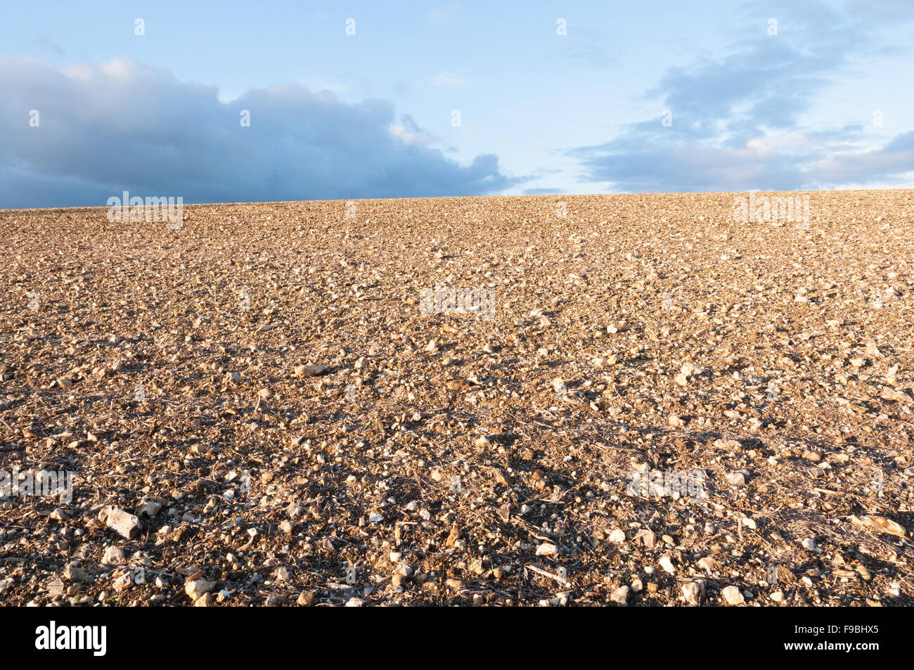 Light brown bare earth of tilled field beneath a partly clouded late ...