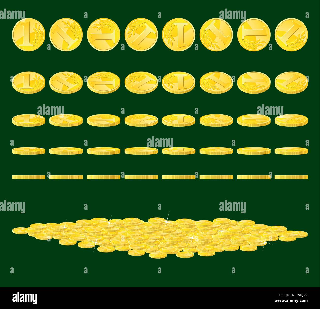 Golden coin rotated in various positions and heap of coins. Adobe ...