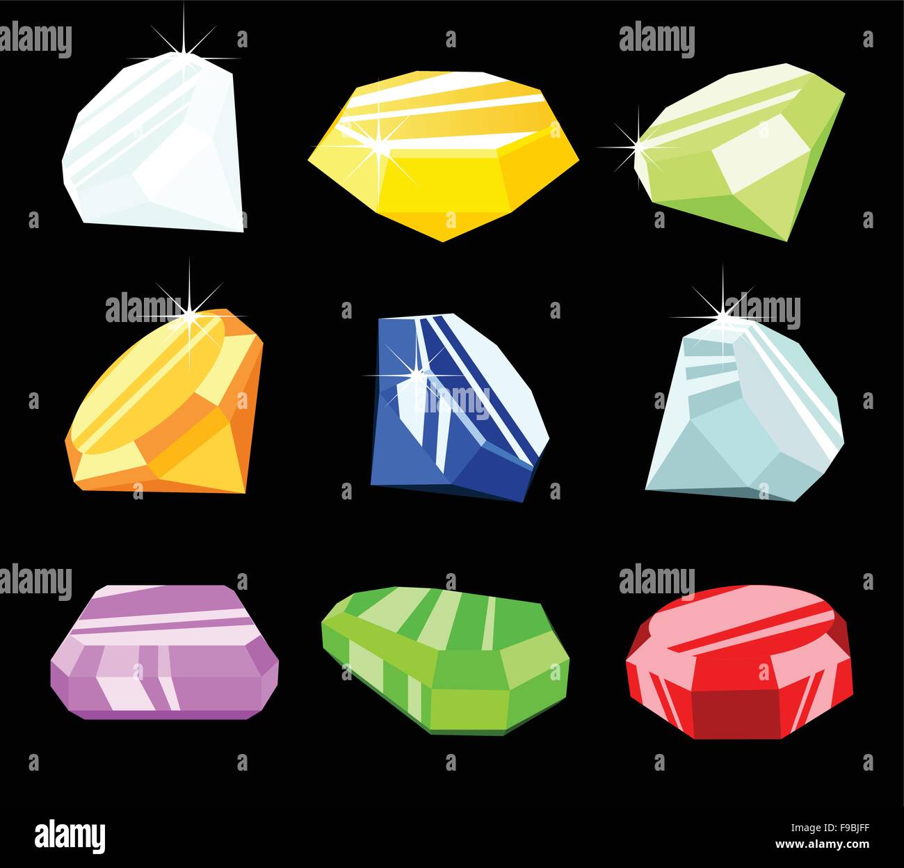 Different jewels and gemstones isolated on black background, vector ...