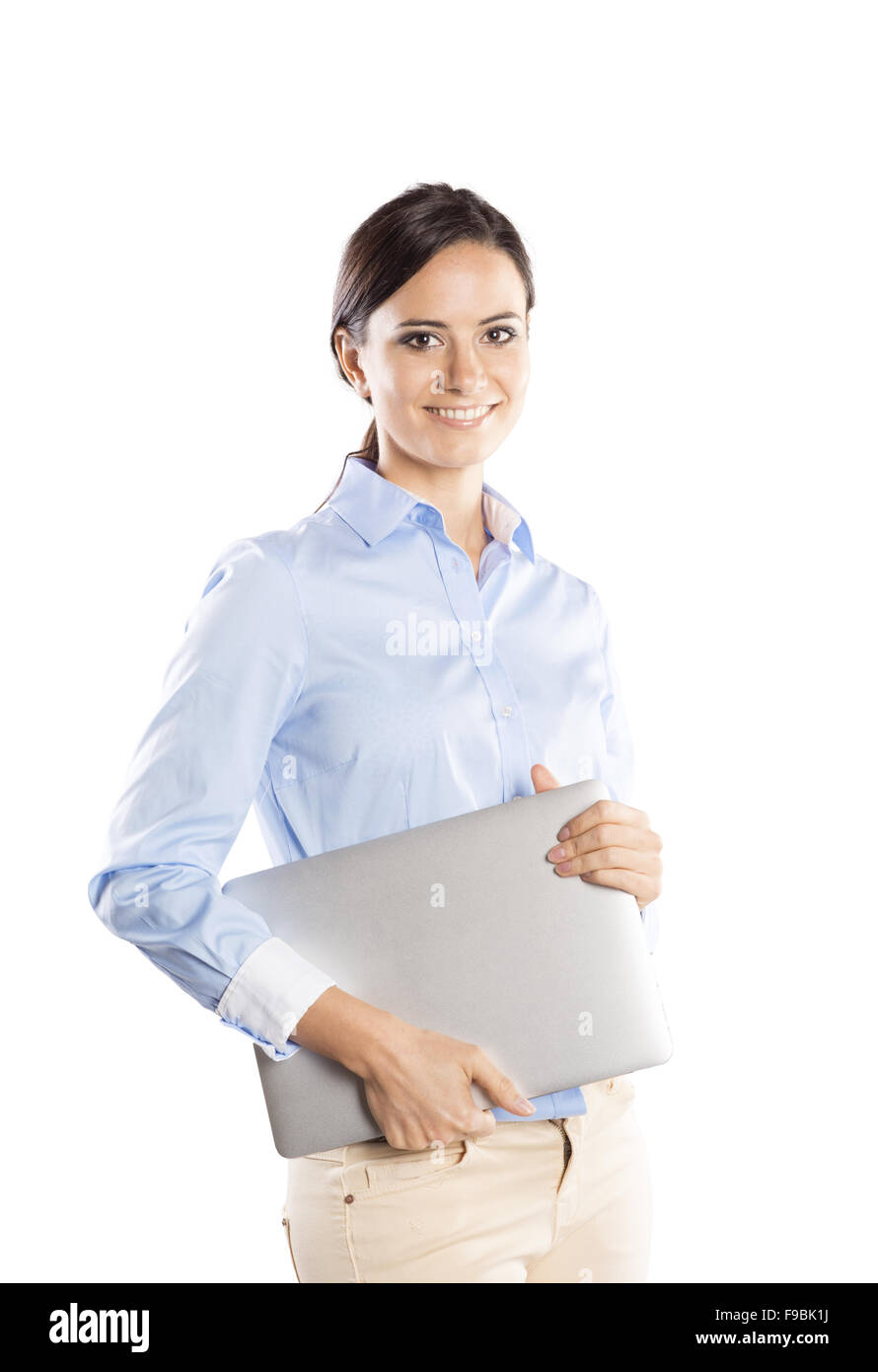 Successful business woman is standing on isolated background Stock ...