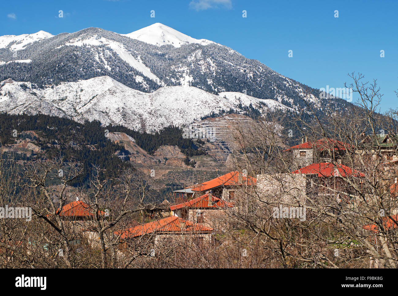 View to Vargiani village at the foot of the snowy Parnassos mountain, in Fokida region, Central ...