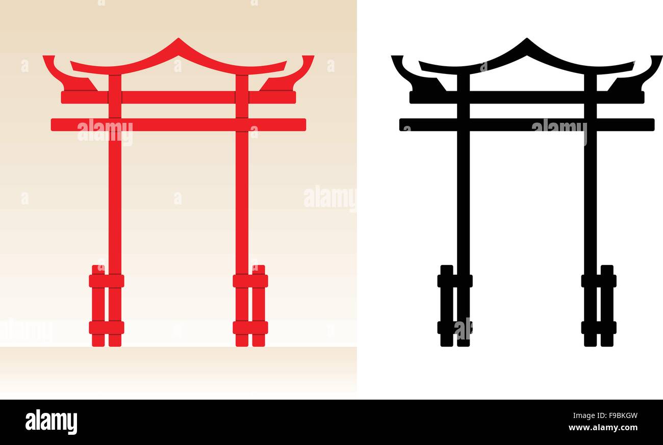 Abstract japan tori gate, color illustration and black silhouette ...