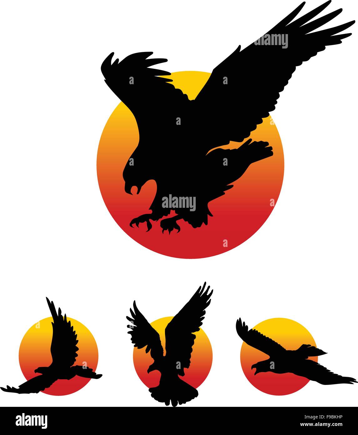Flying eagles silhouettes on sun background, vector illustration Stock ...
