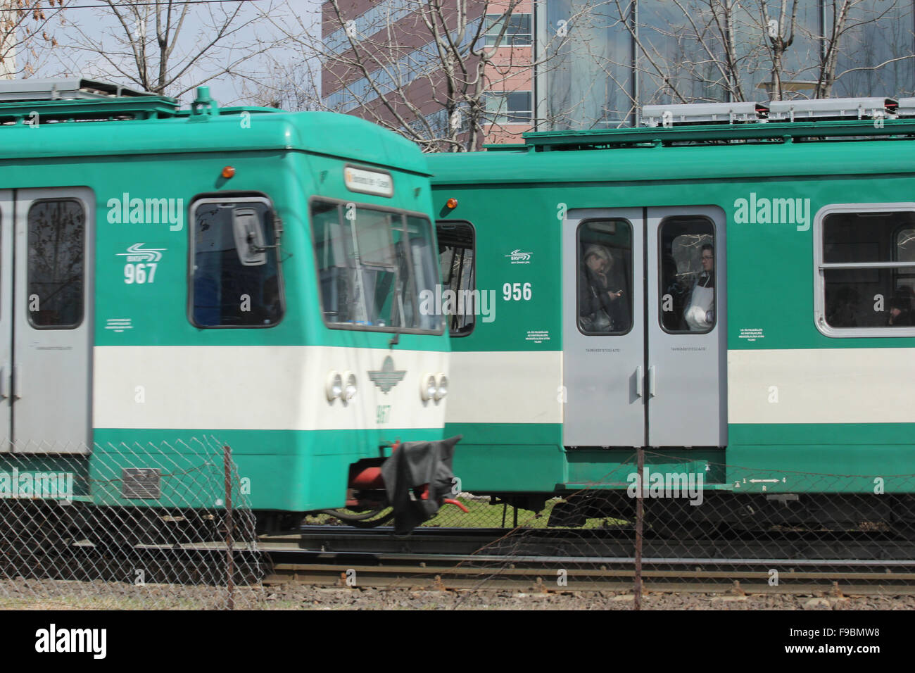 Two trains passing in Budapest Stock Photo - Alamy