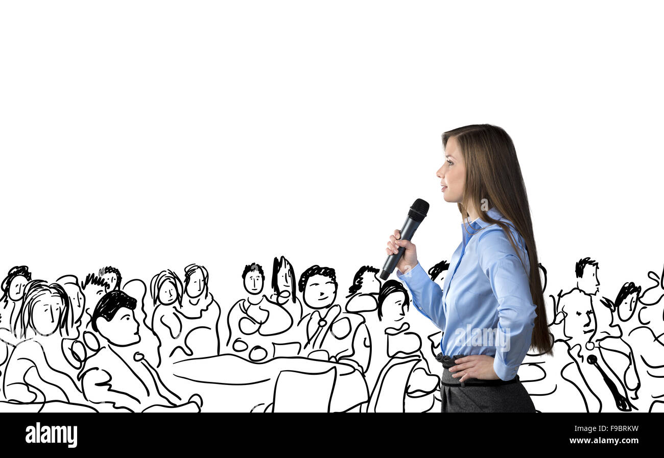 Beautiful business woman is speaking on conference Stock Photo - Alamy