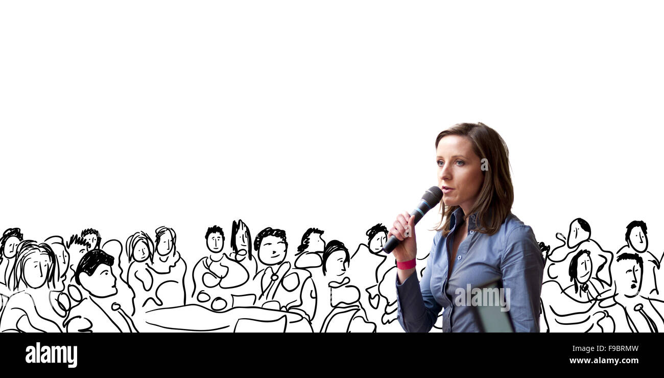 Beautiful business woman is speaking on conference Stock Photo - Alamy