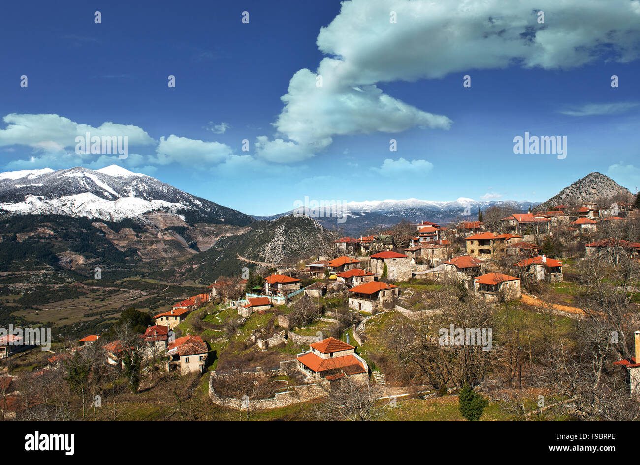 View to Vargiani village at the foot of the snowy Parnassos mountain ...