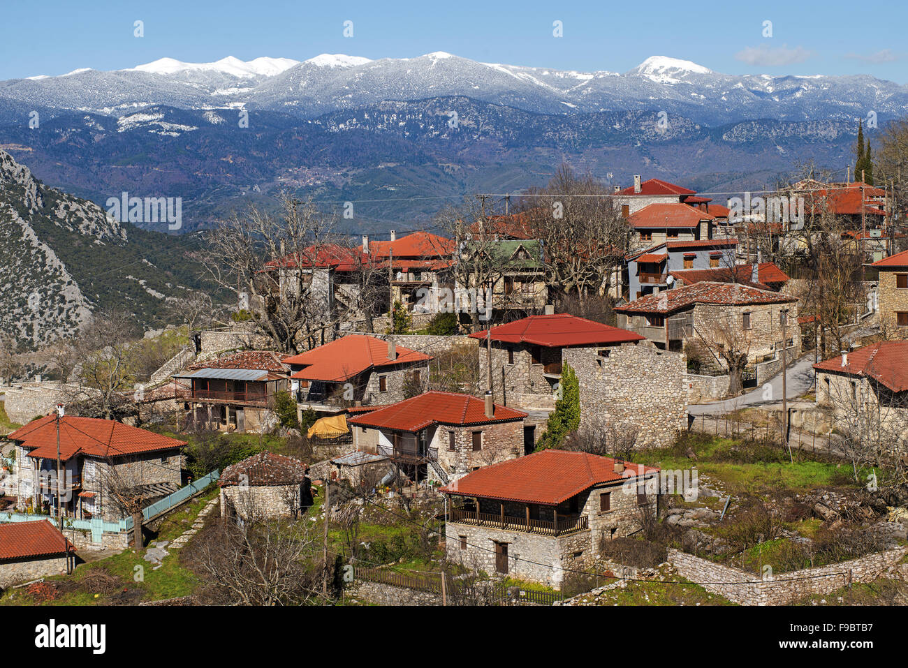 View to Vargiani village at the foot of the snowy Parnassos mountain ...