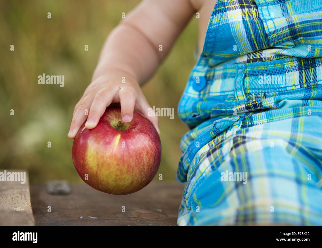 Cute kid holding a red apple in green park Stock Photo - Alamy