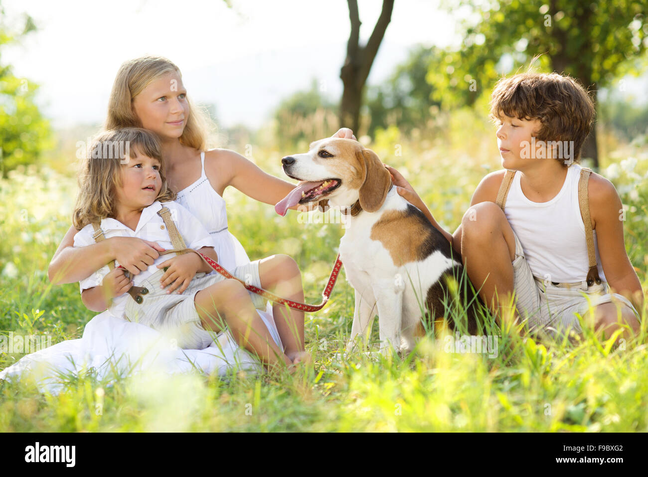 Cute kids spending time outside with their dog Stock Photo - Alamy
