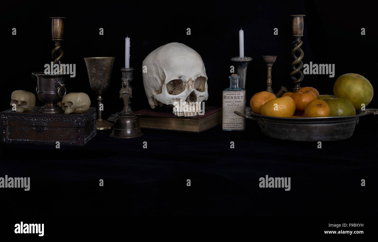 Still life human skull horror set Stock Photo - Alamy