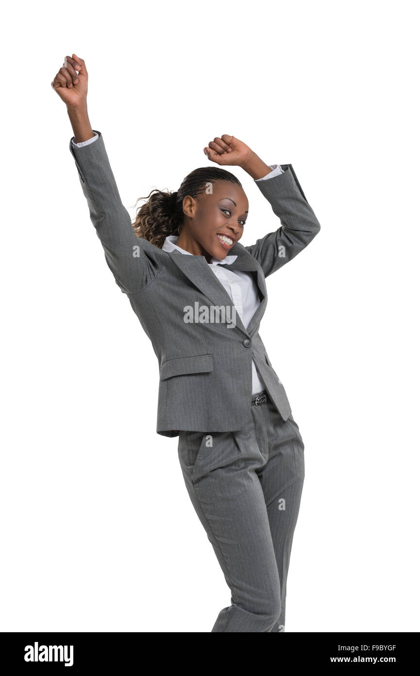 African businesswoman celebrating success isolated on white background ...
