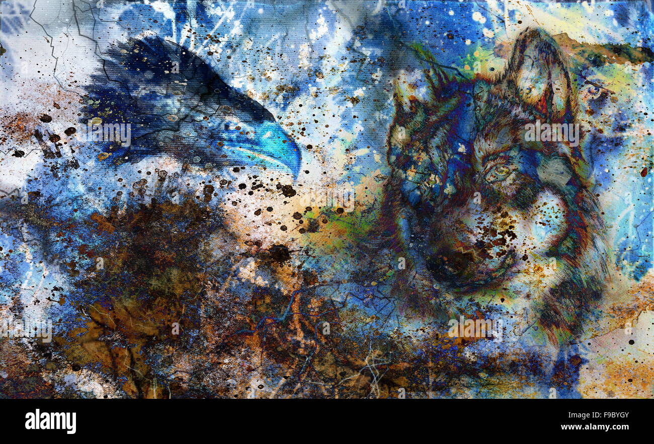 Wolf and eagle color painting, feathers background, multicolor collage ...