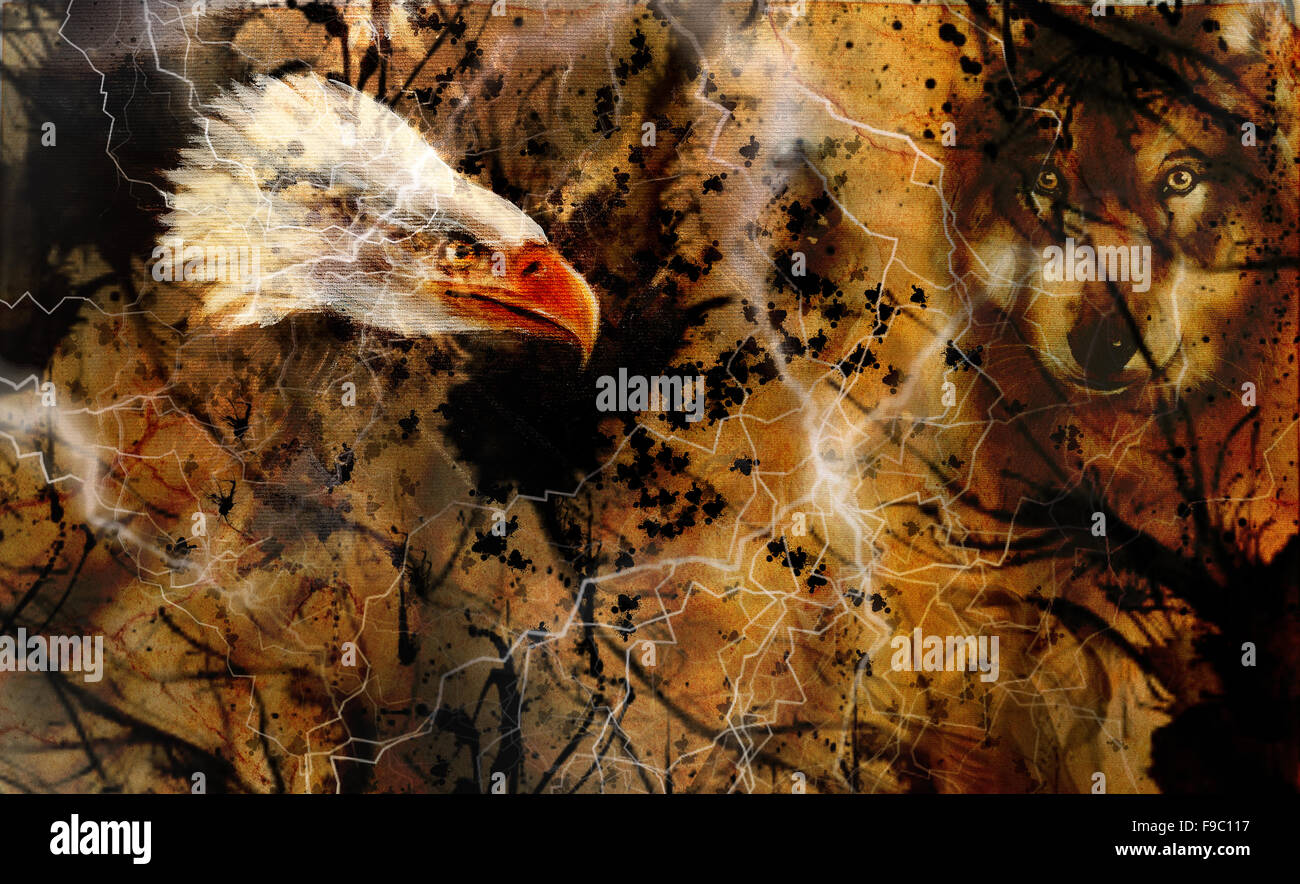 Wolf and eagle color painting, feathers background, multicolor collage ...