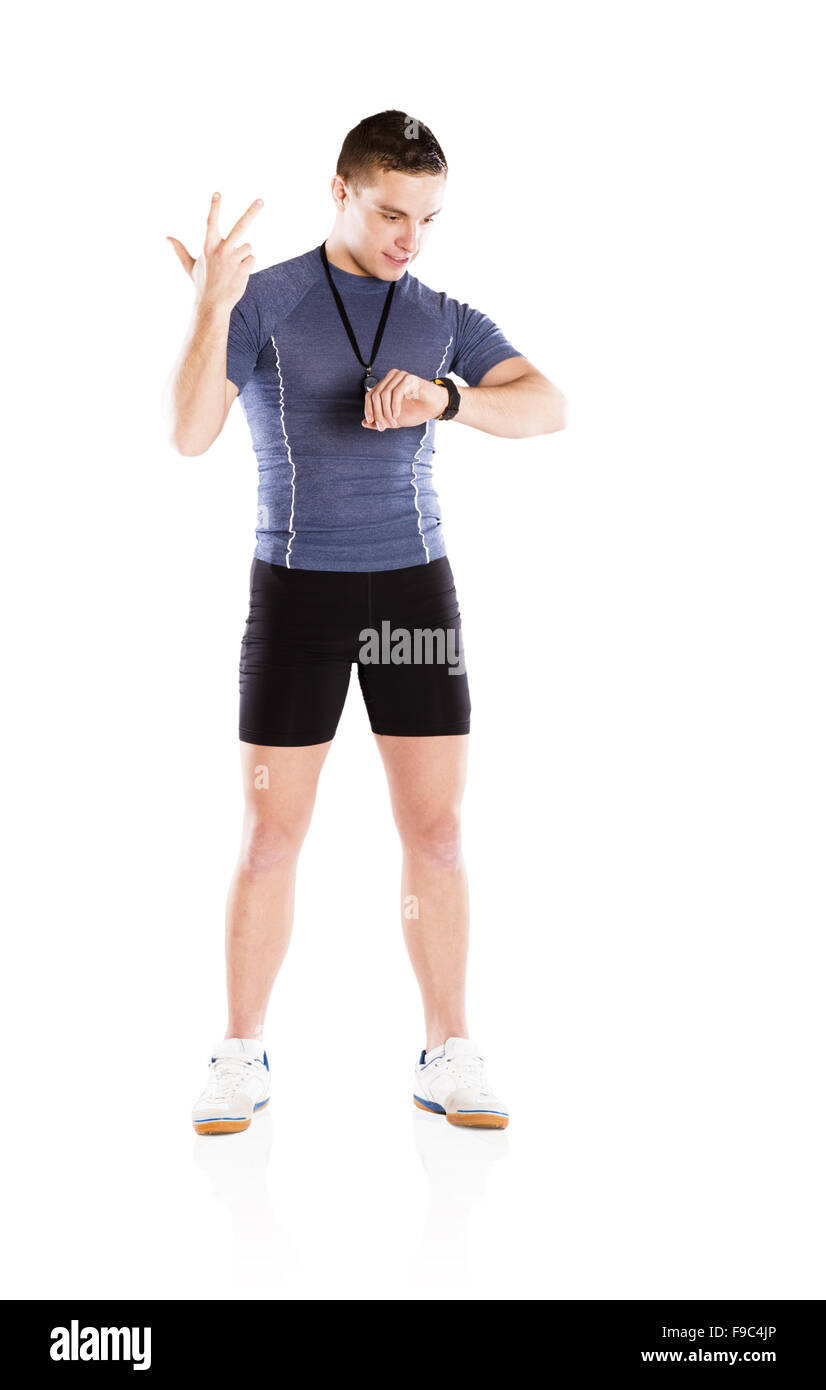Professional fitness coach isolated on white background Stock Photo - Alamy