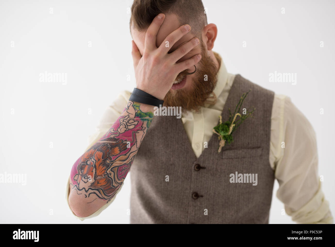 Closeup portrait of modern groom looking nervous before his wedding ...