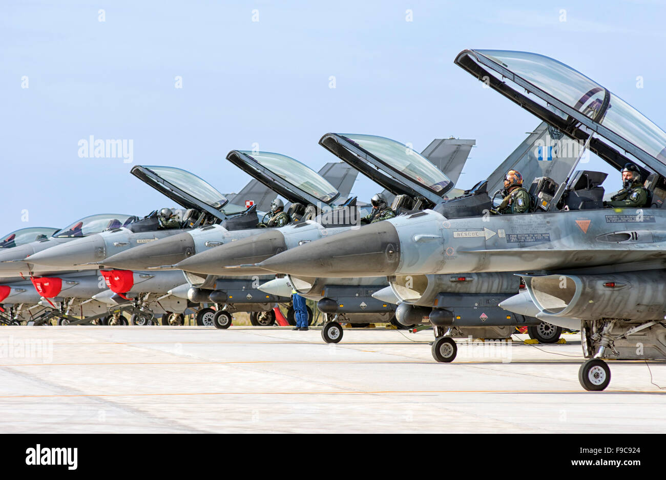 Line-up of Hellenic Air Force F-16 aircraft at Trapani Air Base, Italy ...