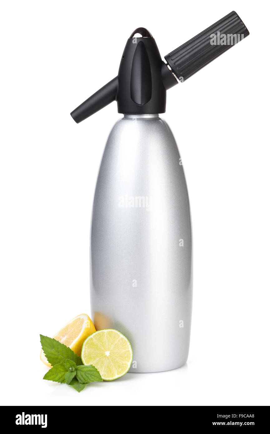 Soda siphon and citruses for home lemonade. Isolated on white ...