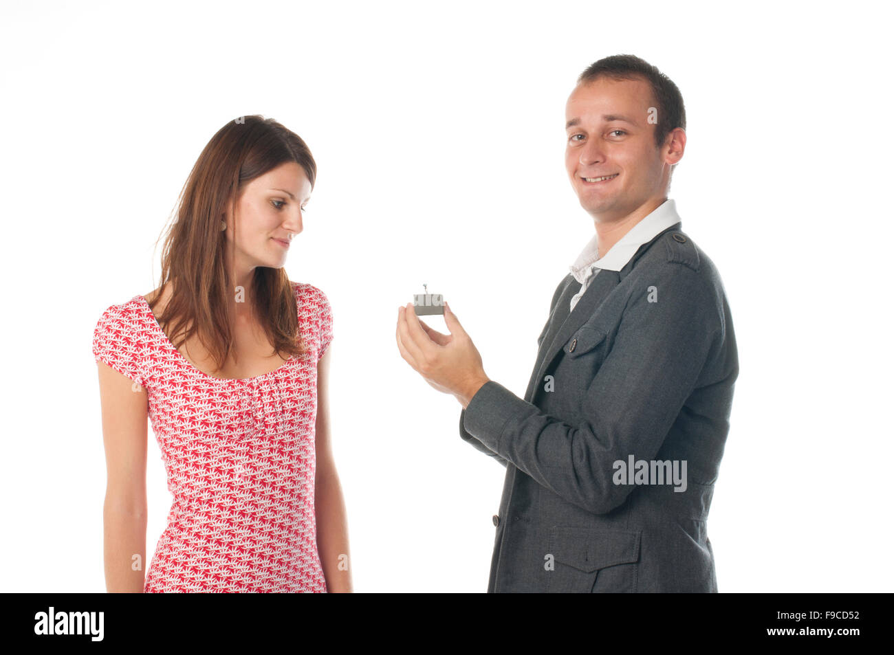Proposal scene with happy woman and man Stock Photo - Alamy