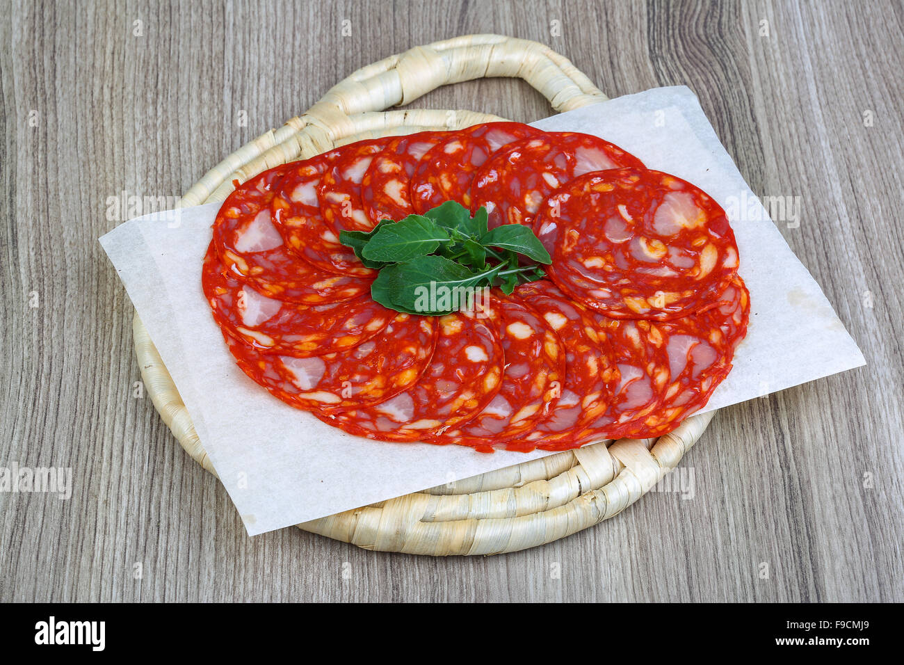 Traditional Spanish salami - Chorizo sausage on the wood background ...