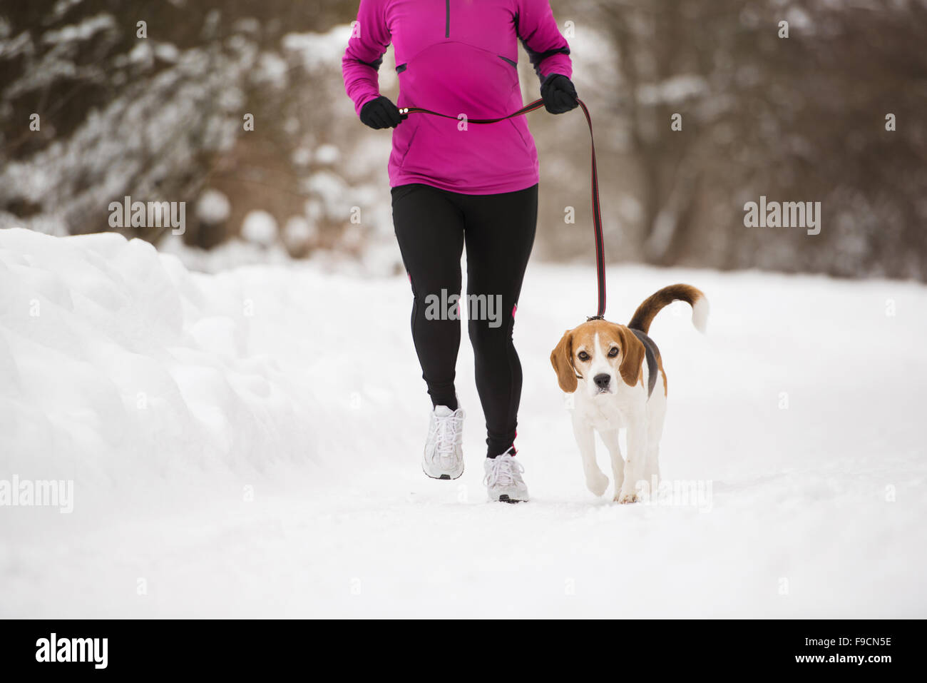 Athlete woman is running during winter training outside in cold snow ...