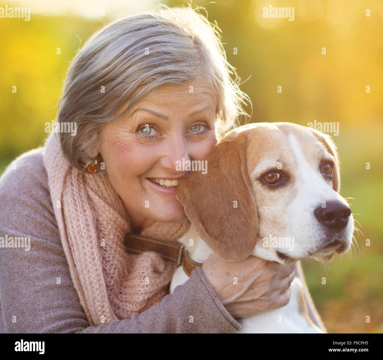 Senior woman hugs her beagle dog in countryside Stock Photo - Alamy