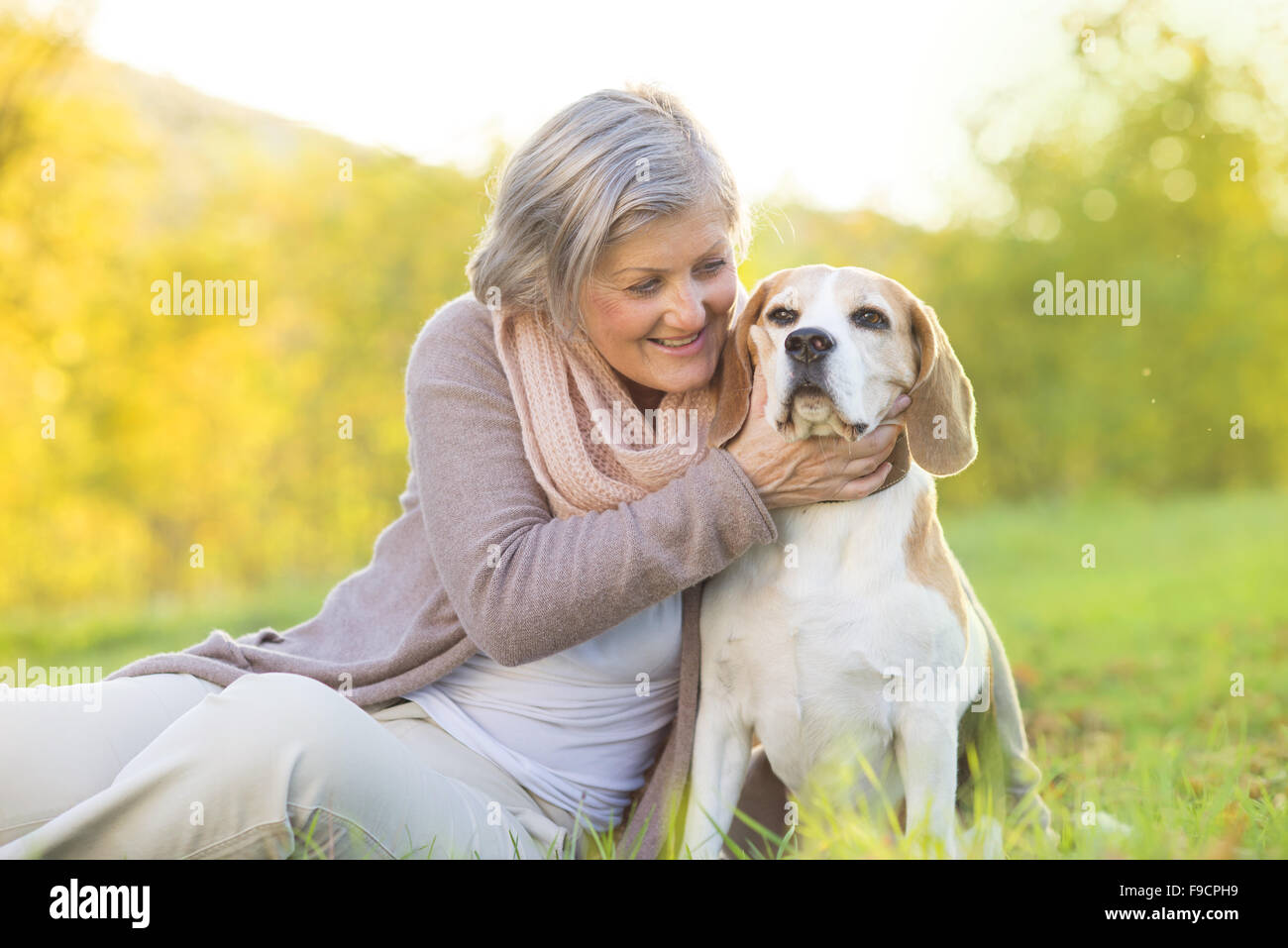 Senior woman hugs her beagle dog in countryside Stock Photo - Alamy