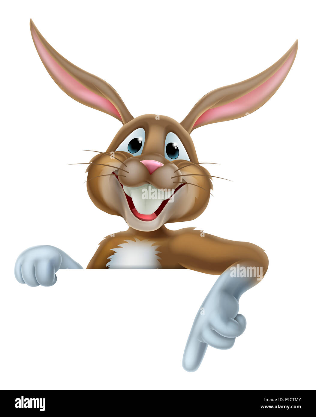 Cartoon Easter bunny rabbit peeking over a sign and pointing at it ...