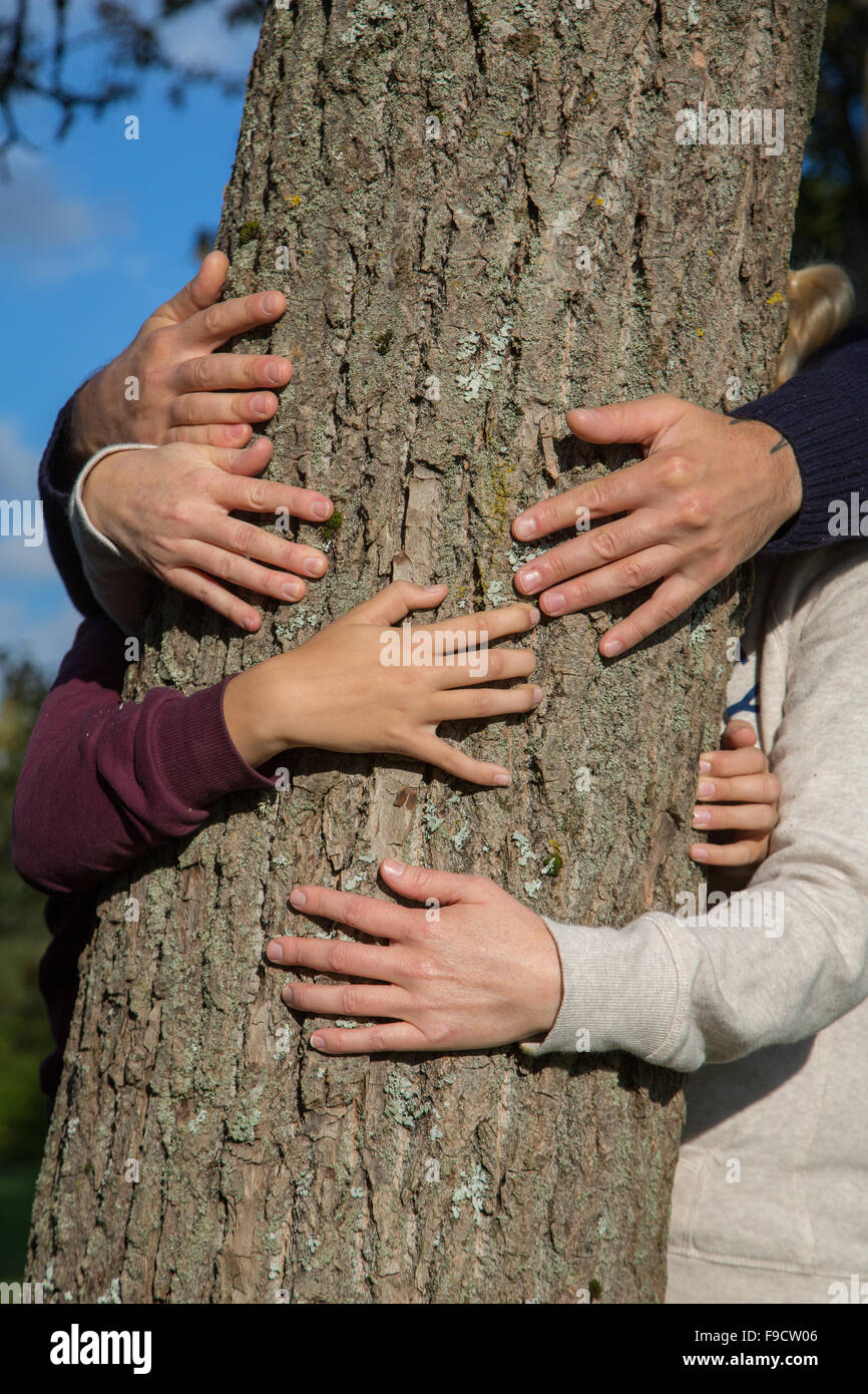 A family hugging a tree Stock Photo - Alamy