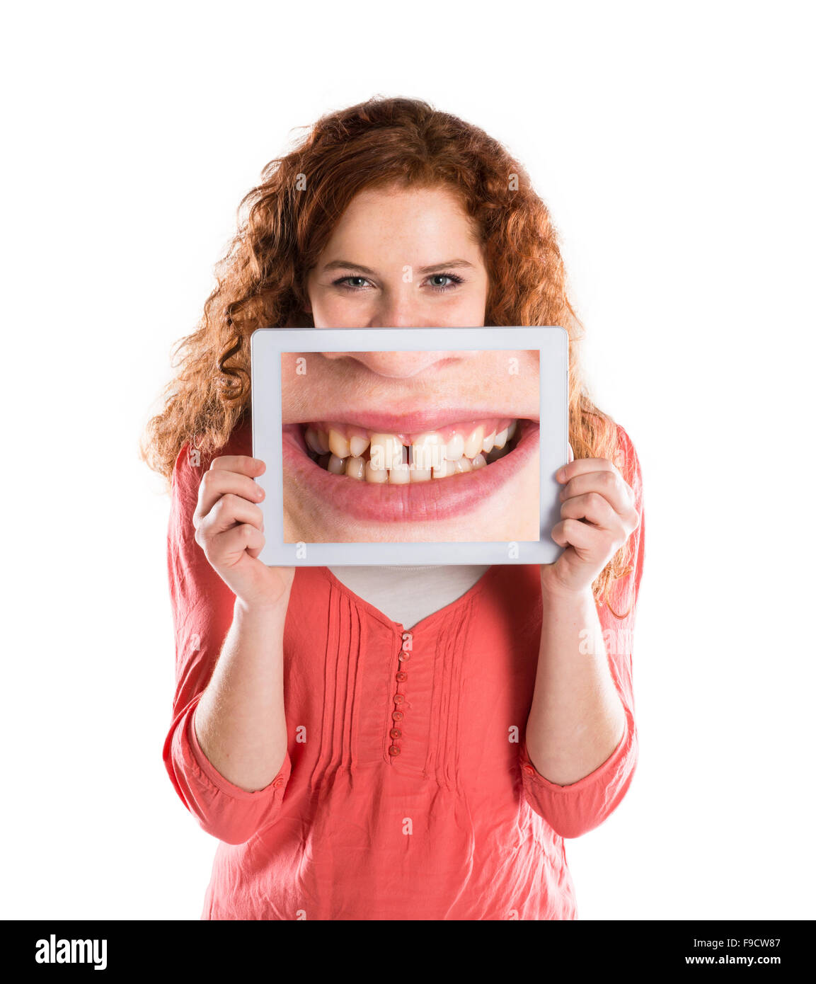 Funny studio portraits with tablet on isolated background Stock Photo ...