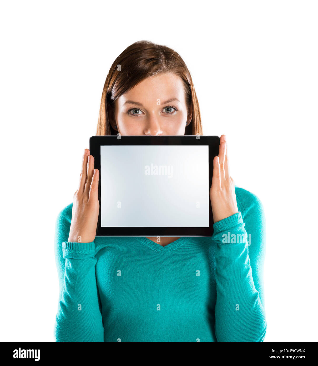 Funny studio portraits with tablet on isolated background Stock Photo ...