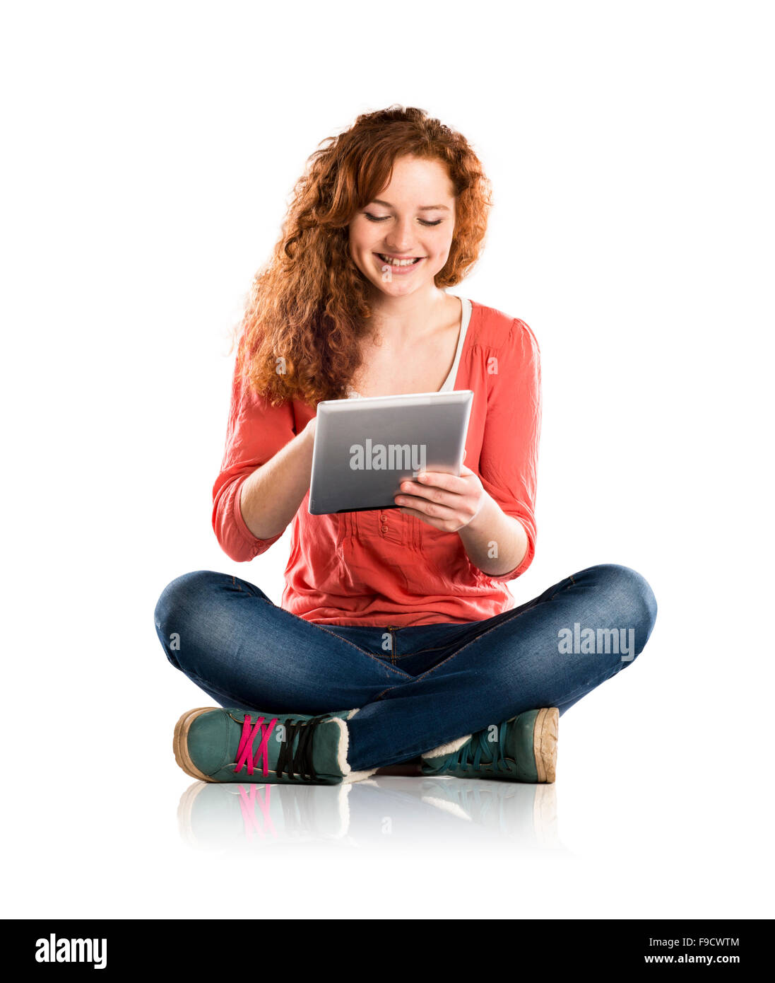 Beautiful girl with tablet is isolated on white background Stock Photo ...
