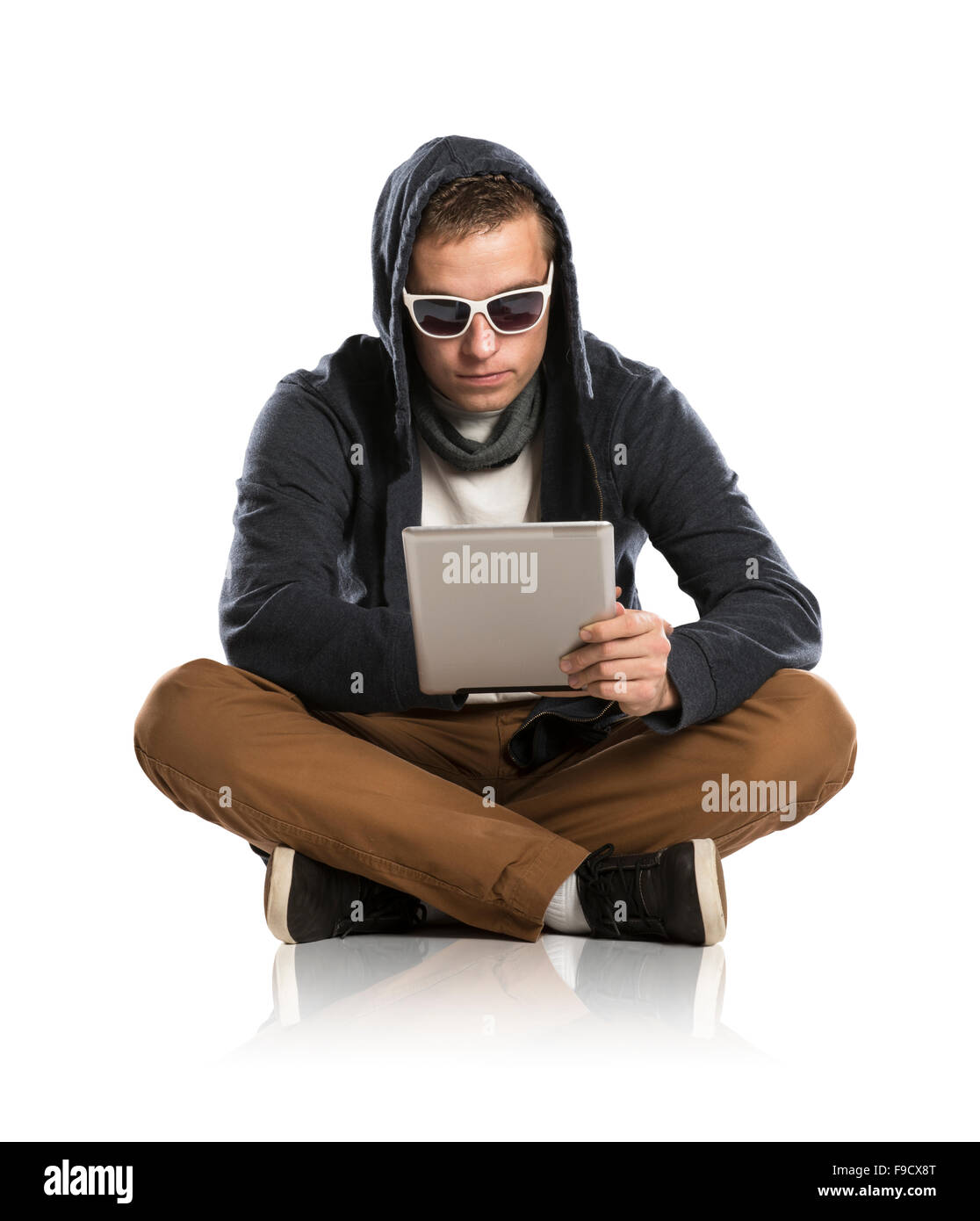 Dangerous man in mask with tablet on isolated background Stock Photo ...