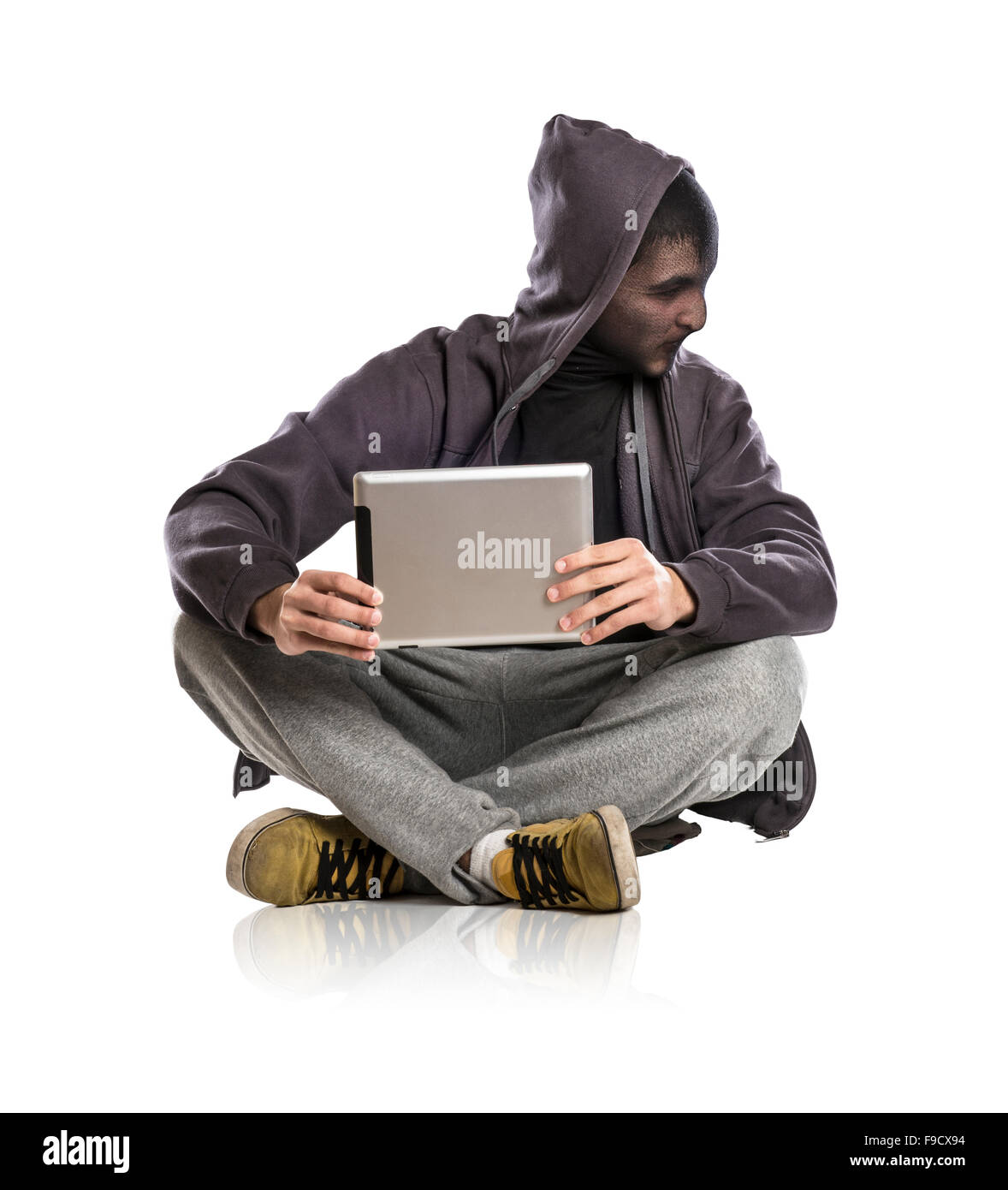 Dangerous man in mask with tablet on isolated background Stock Photo ...