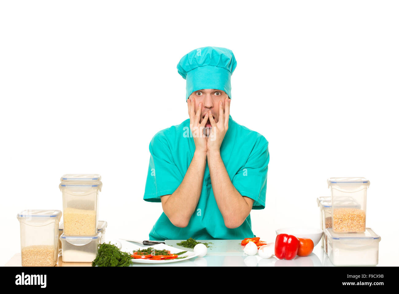 scared cook man worried pose. isolated white background Stock Photo - Alamy