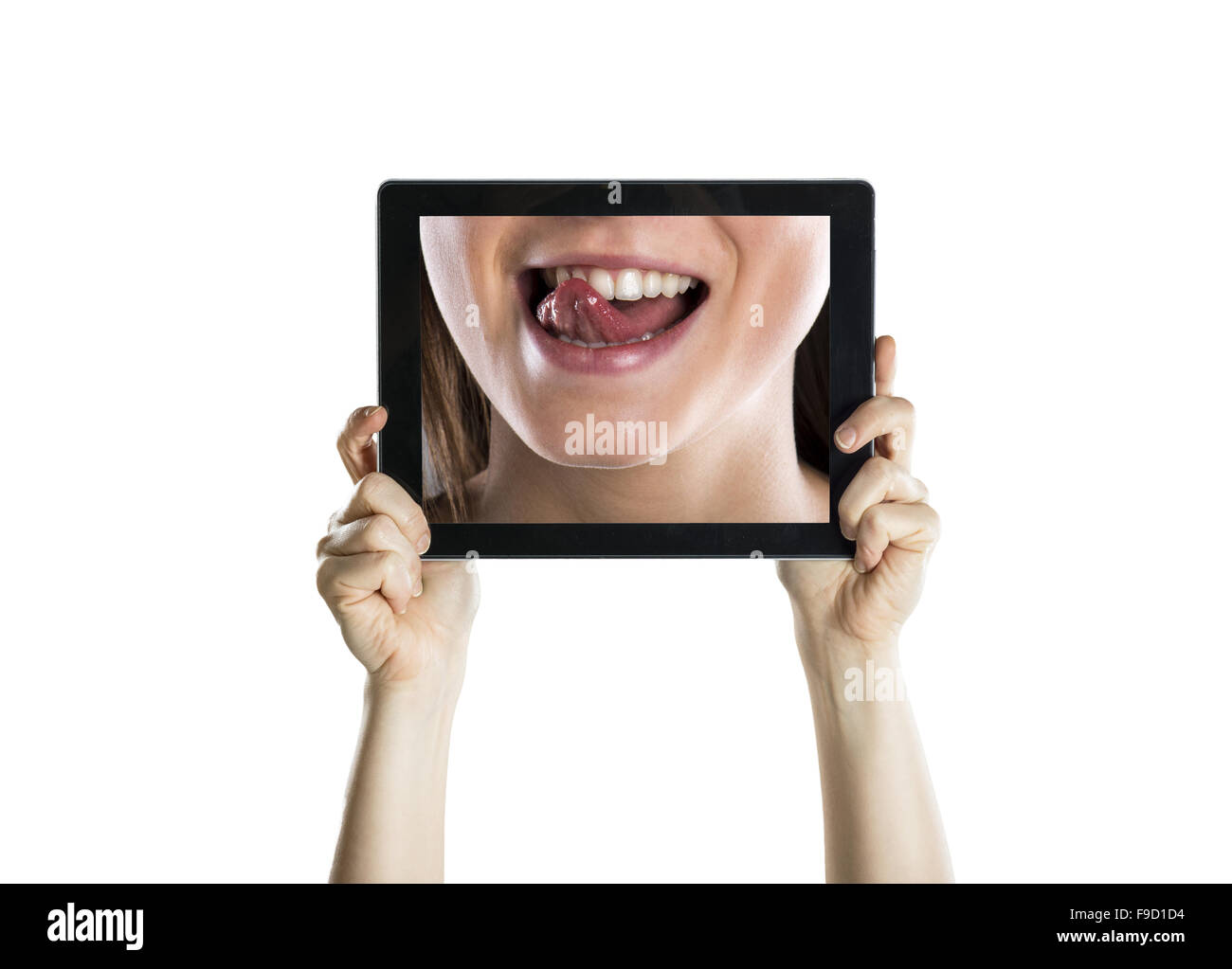 Dental closeup with tablet screen, isolated on white Stock Photo - Alamy