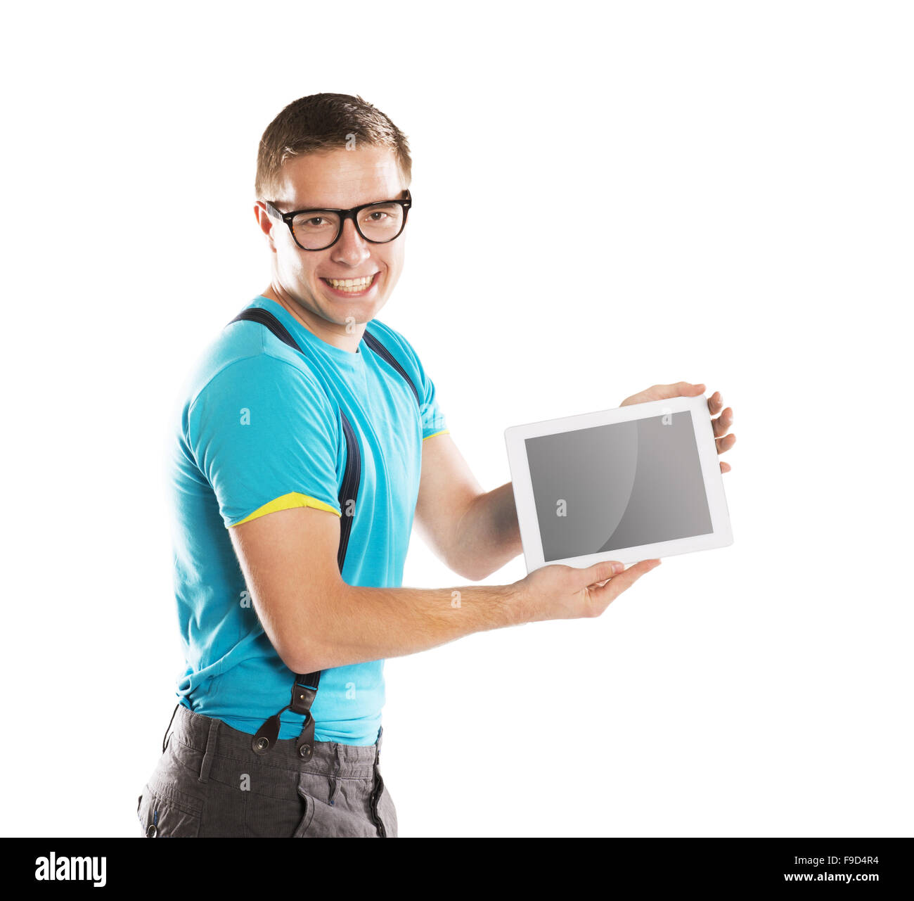 Man with pc tablet is isolated on white background Stock Photo - Alamy