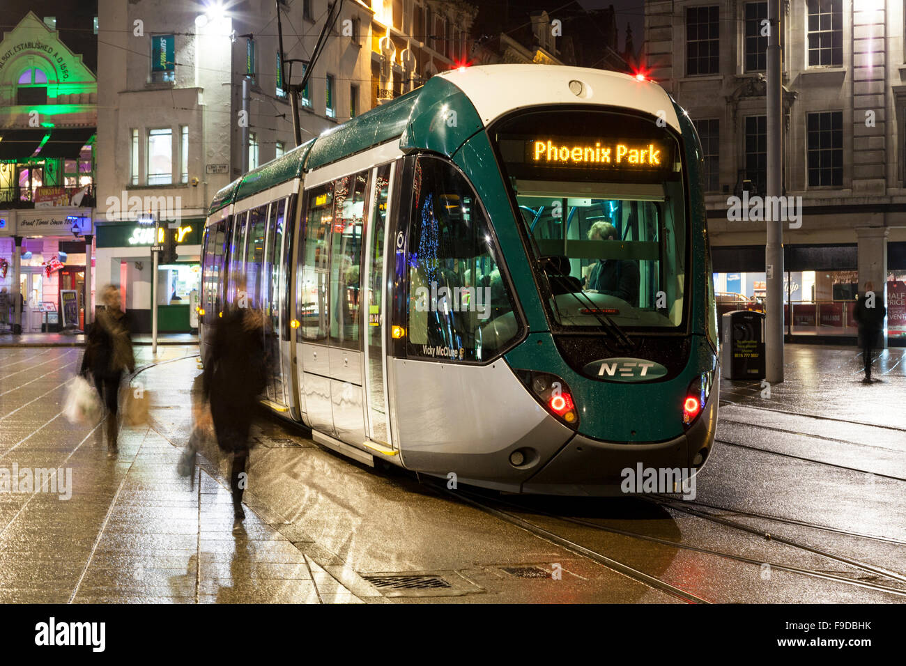 Nottingham tram at night in Nottingham city centre, England, UK Stock ...