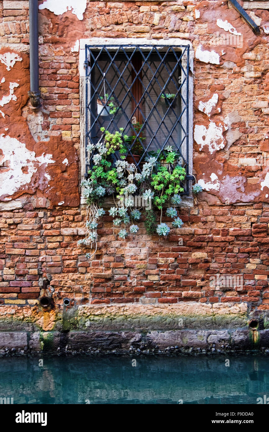 Venice, Italy House, exterior detail. Eroded brickwork, window with ...